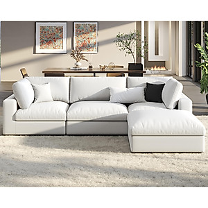 PaPaJet Modular Sectional Sofa, 114 Inches Oversized Down Filled Sectional Sofa, 4 Seats L Shaped Comfy Couch with Chaise, Ottoman, Could Sofa for Living Room, White Linen Couch Set