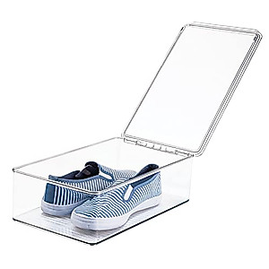 mDesign Plastic Closet Organizer Box Containers with Hinged Lid for Bedroom Shelves/Cabinets, Holds Flats, Sandals, Sneakers, Dress Shoes, Heels, Booties, and Wedges, Ligne Collection, 4 Pack, Clear