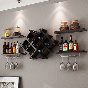Giantex Set of 5 Wall Mount Wine Rack Set w/ Storage Shelves and Glass Holder (Black)