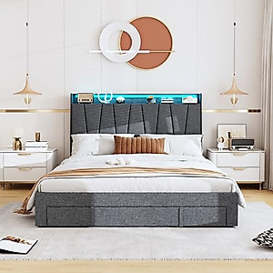 LED Queen Size Bed Frame with Storage Headboard and Charging Station,Upholstered Platform Bed with 3 Storage Drawers,Queen Bed Frame with LED Lights,No Box Spring,Noise-Free,Charcoal Gray