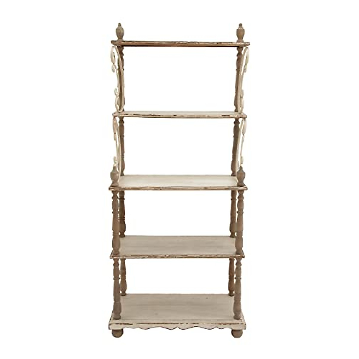 Deco 79 Wood Scroll 5 Shelf Shelving Unit with Brown Spindle Sides and Ball Feet, 32" x 16" x 75", White
