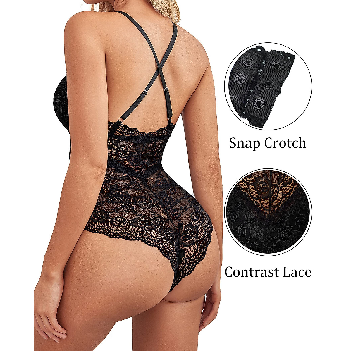 Avidlove Lingerie for Women Teddy Lingerie Snap Crotch Sexy Lace Bodysuit One Piece Teddy(Black,S)