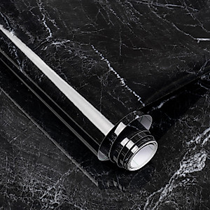 Anmon Black Marble Contact Paper, Glossy and Waterproof Black Marble Wallpaper 17.7''*118'', Self-Adhesive and Removable Vinyl Wall Paper for Cabinets, Countertops, Bathrooms, Drawers