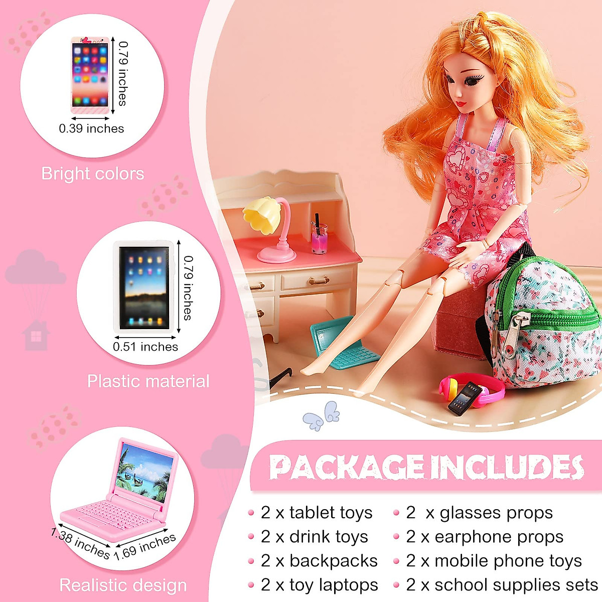 29 Pieces Dollhouse Accessories Mini Laptop Computer Tablet Phone Toy Miniature Glasses Headset Backpack Drink Toys Plastic Doll Accessories