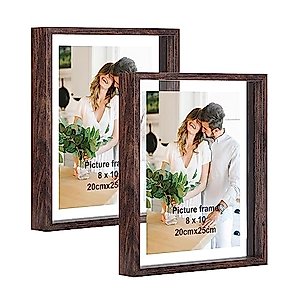 Trwcrt 8x10 Picture Frame Set of 2, Double Glass Floating Photo Frames Display up to 10 x 12 photos for Wall or Tabletop Display, Brown