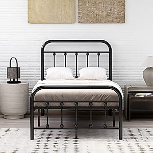 alazyhome Classic Metal Platform Twin Size Bed Frame Mattress Foundation with Victorian Style Iron-Art Headboard Under Bed Storage No Box Spring Needed Black
