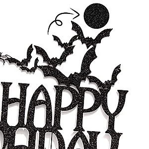 Ferastar Halloween Happy Birthday Cake Topper, Spooky Haunted House Black Glitter Cake Supplies, Creepy Birthday Themed Party Decor Black Glitter