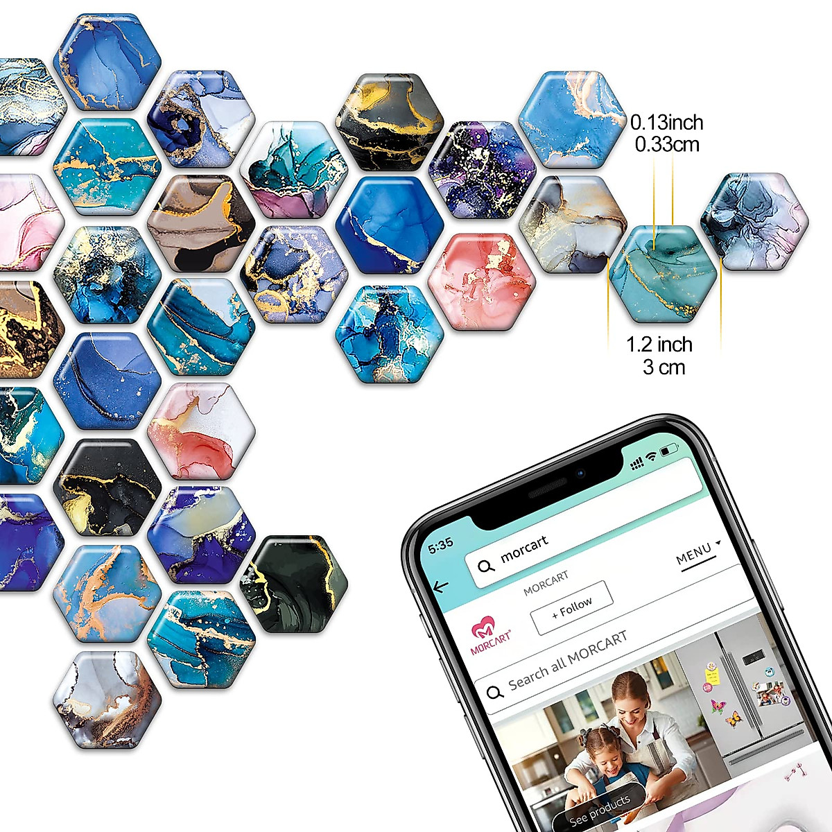 MORCART Fridge Magnets, 30PCS Hexagon Magnets, Cute Magnets Decorative for Refrigerator Locker Whiteboard Cabinet Office Kitchen Blackboard Gift for Adult