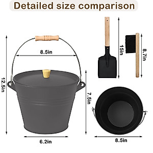 Poofzy Ash Bucket with Lid, 1.3 Gallon Ash Bucket for Fireplace, Metal Fireplace Bucket for Ashes Includes Shovel and Hand Broom for Wood Burning Stove and Fire Pit - Gray