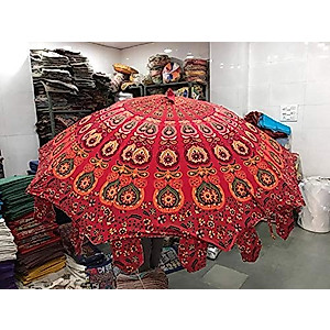 Indian Hippie Flower Embroidery Garden Umbrella Parasols, Beautiful Beach Sun Shade, Lawn Coffee Table Decorative Party Wedding Theme Decorative Parasol Large Garden Umbrella 72" (Red)