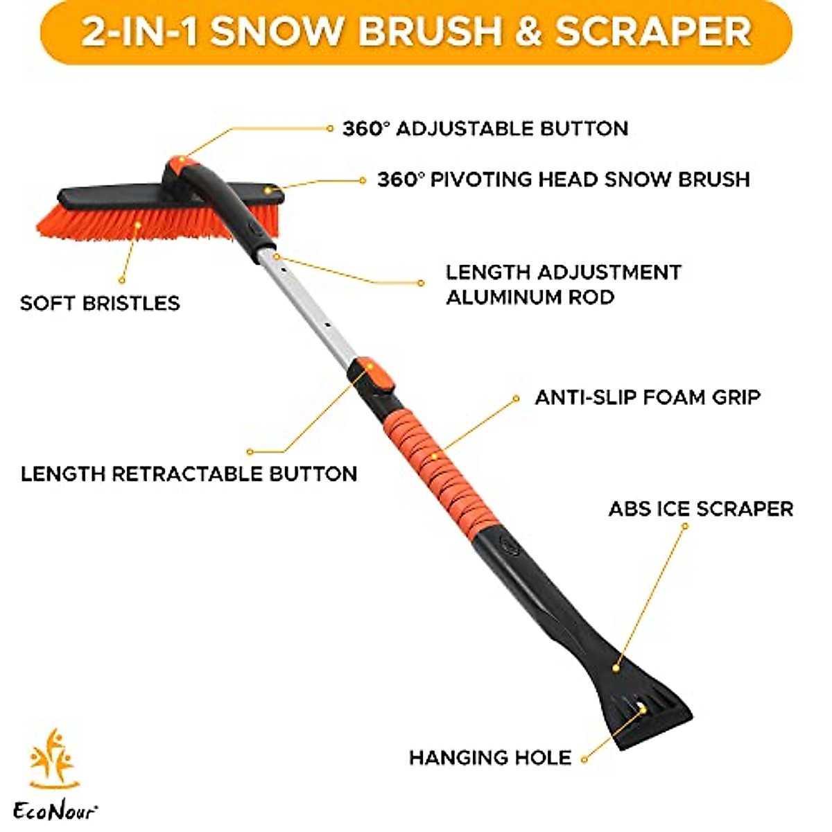 EcoNour 36″ 3 in 1 Extendable Snow Brush and Ice Scraper for Car Windshield | Telescoping 360° Snow Brush Pivoting Head | Window Ice Scraper for Snow Removal for Car, SUV, Truck Winter Car Accessories