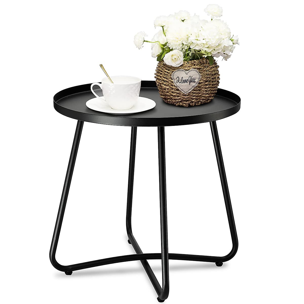 TeoKJ Outdoor Side Tables, Anti-Rust Metal Outdoor End Table, Small Patio Table Round End Table Outdoor Table for Garden Balcony Yard Porch Patio Lawn Black