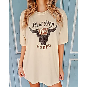 Oversized Rodeo T-Shirt for Women Not My First Rodeo Letter Printed Shirt Retro Western Country Cowboy Tee Tops (L, Apricot)