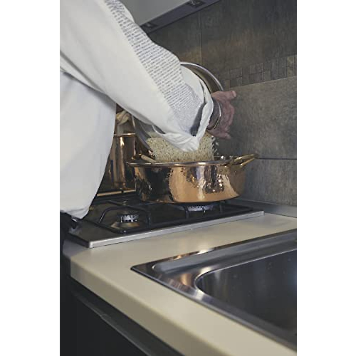 CREARTISTIC 100% Made in Italy Copper pot – Italian Risotto Copper Chef Pot - 12,6x3,7 inch, 5.8 Qt – 2 Brass Handles - Hand Hammered - Practical spout - Rice cooker – Italian Cookware - Pure Copper