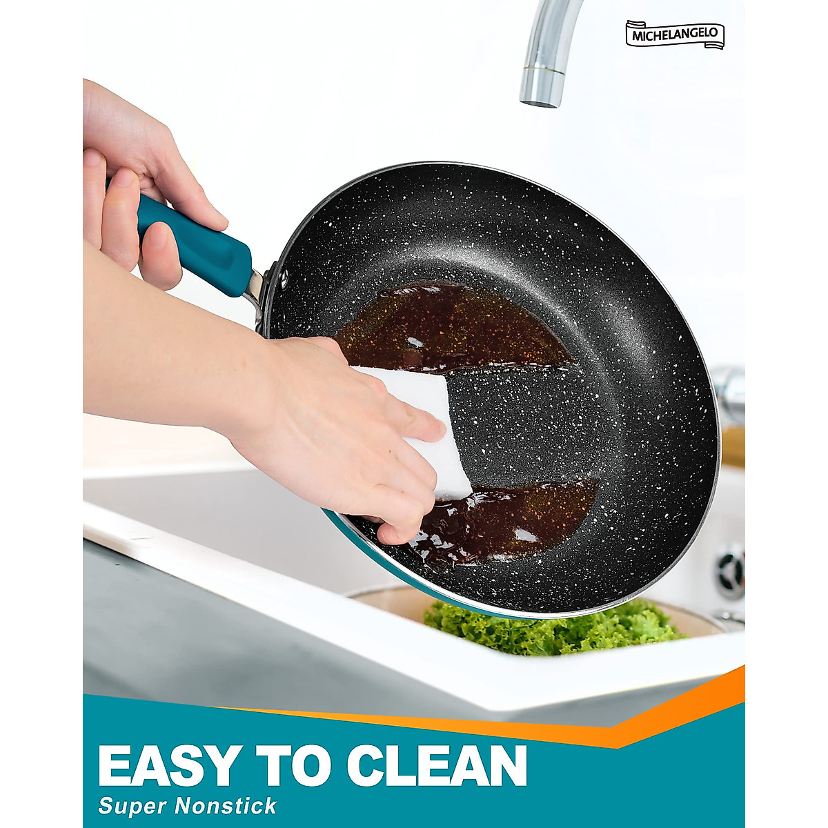 MICHELANGELO Nonstick Frying Pan with Lid, 10 Inch Frying Pan Nonstick, Enameled Non Stick Frying Pan with Silicone Handle, Nonstick Skillet with Granite Interior, Cyan