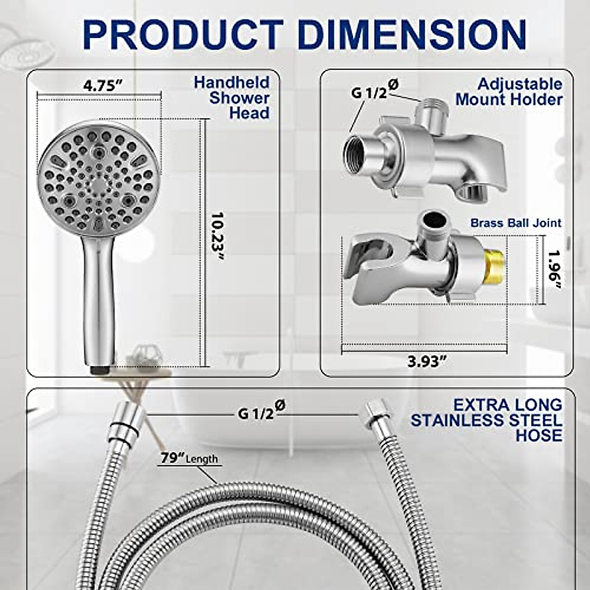 High Pressure 10 Setting Handheld Shower Head, 5" Detachable Showerhead Spray Built-in Power Wash to Clean Tub, Tile & Pets, 79" Extra Long Stainless Steel Hose, Adjustable Bracket - Chrome