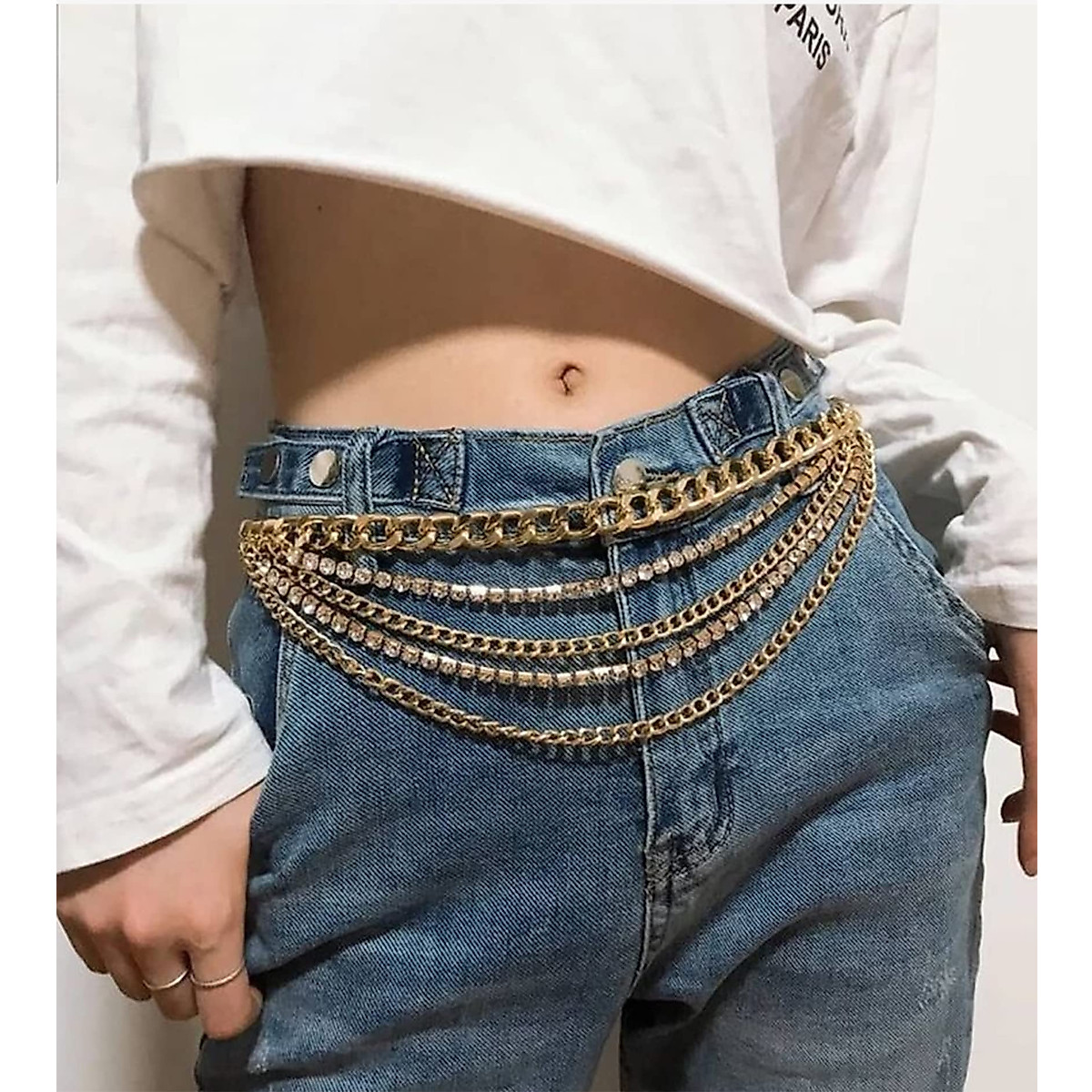 Tornito 6Pcs Multilayer Metal Hoop Link Waist Chain Belt Waistbands Butterfly Tassel Belly Bikini Body Thigh Hip Jewelry Side Pant Chain Belt for Women