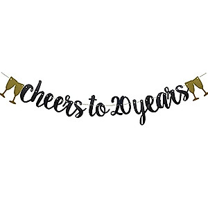 Cheers To 20 Years Banner,Pre-Strung, Black Paper Glitter Party Decorations for 20TH Wedding Anniversary 20 Years Old 20TH Birthday Party Supplies Letters Black Betteryanzi