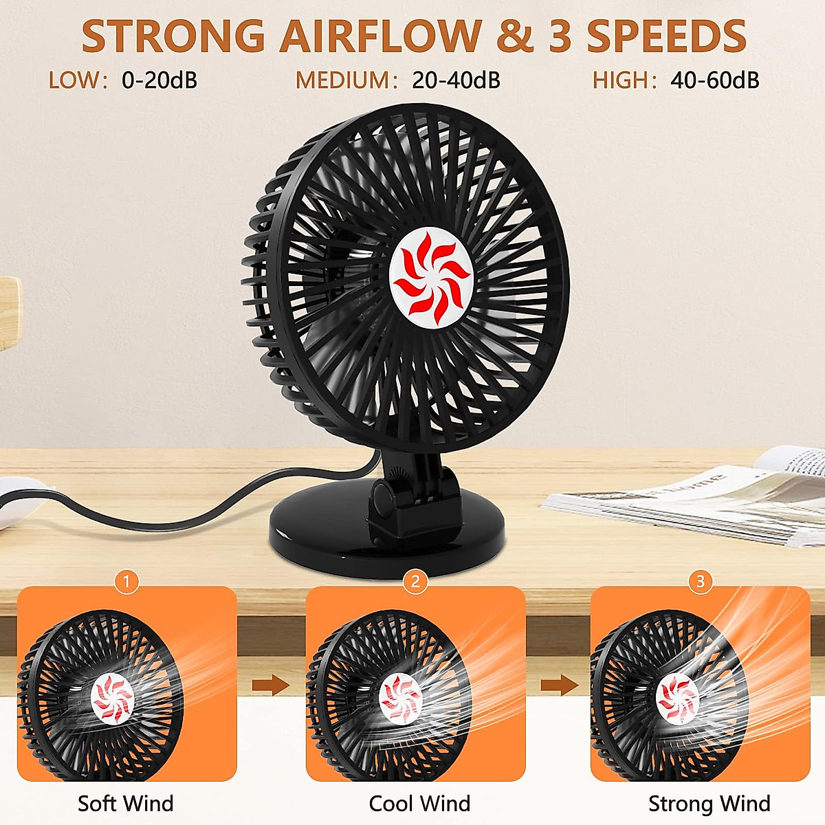 HZD USB Fan, Portable Quiet 3 Speeds Wind Desktop Personal Fan,Small But Powerful, Plug in Power Fan for Home Office Travel Bedroom Desktop (Black)