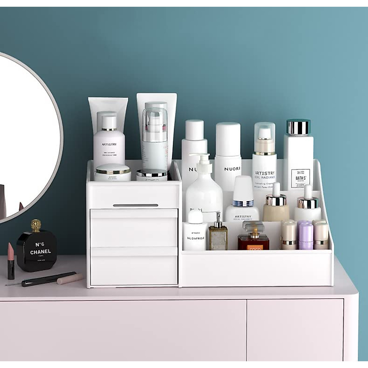 CHANCETSUI Makeup Desk Organizer, Makeup Organizer With Drawers, Bathroom Countertop Organizer for Cosmetics, Vanity Holder for Lipstick, Brushes, Lotions, Eyeshadow, Nail Polish and Jewelry (White)