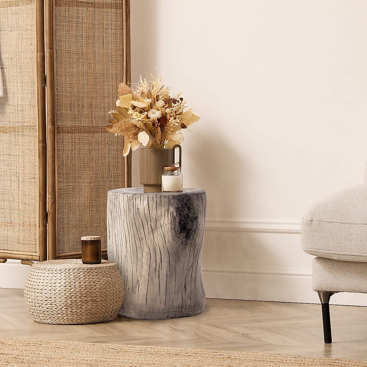 SUNBURY Stump Side Table, Concrete Side Table Coffee Table Log Table,Patio Faux Wooden End Table, Light Grey Stool Prop Plant Stand Holder for Garden Household Living Room