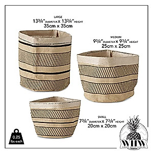 Geometric Striped Linen Plant Baskets, Set of 3, Beige and Black, Floor and Shelf Organizers, Durable Burlap Weave, Collapsible, Stitched, 13.75, 9.75 and 7.75 Inches