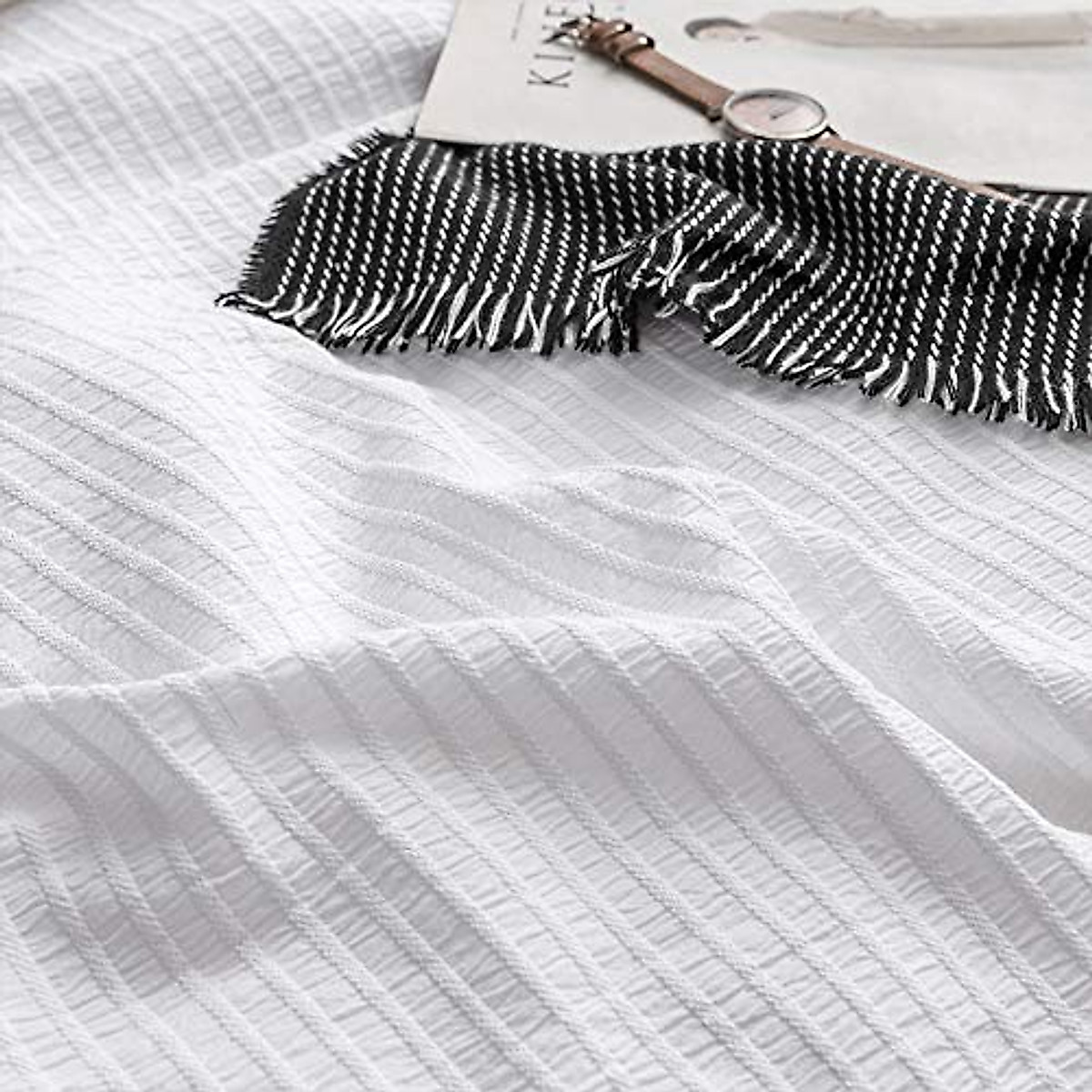 Merryfeel Seersucker Duvet Cover Set Queen Size - White Seersucker Textured Striped Bedding Set 3 Pieces (1 Duvet Cover + 2 Pillow Shams, 90 x 90 inches)