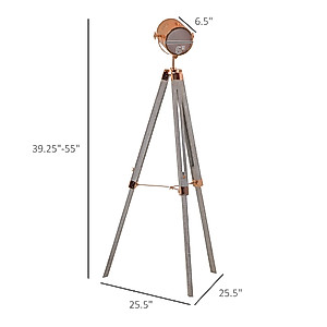 HOMCOM Vintage Tripod Floor Lamp, Height Adjustable Nautical Spotlight with Wood Legs, E12 Lamp Base for Living Room, Bedroom, Grey and Rose Gold