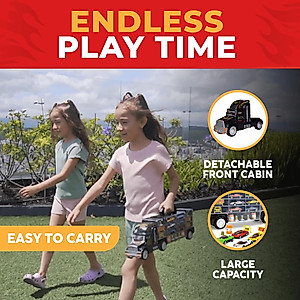 Wolvolk Transport Car Carrier Truck Toy - Car Transporter Carrier Truck Car Set- Toy Car Storage Organizer - Car Carriers Toy Trucks for Boys Age 4-7 with 6 Matchbox Cars, Construction Signs and Cones