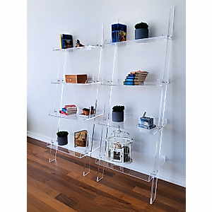Acrylic Ladder Bookcase – Large Modern Clear Leaning Floating Wall Bookshelf - Standing Decor Display Unit for Open Shelving, Organizer, or Storage in the Living Room, Office, Bedroom, or Bathroom