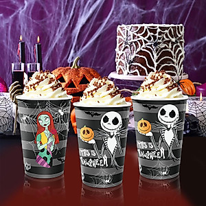 Halloween Disposable Cups for Kids Adult 30 PCS, Halloween Pumpkin Skeleton Disposable Paper Cups for Hot Cold Drinks, Spiderweb Bat Holiday Cups Spooky Halloween Party Supplies 12 OZ Black