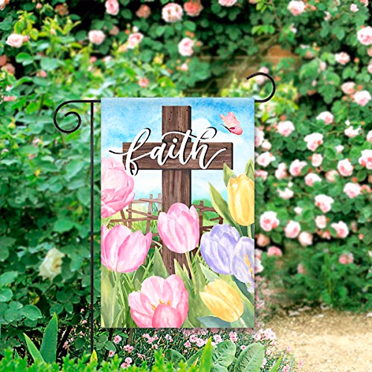 Morigins Easter Cross Garden Flag Decorative Spring Flower Religious Flag He is Risen 12.5 x 18 Inch
