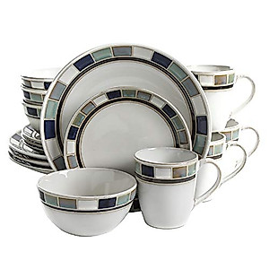 Gibson Elite Casa Blanca Round Reactive Glaze Stoneware Dinnerware Set, Service for 4 (16pcs), White/Blue