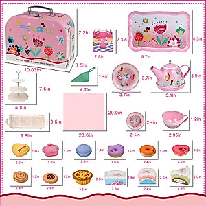 Tea Party Set for Little Girls,PRE-WORLD Princess Tea Time Toy Including Dessert,Cookies,Doughnut,Teapot Tray Cake, Tablecloth & Carrying Case,Kids Kitchen Pretend Play for Girls Boys Age 3-6