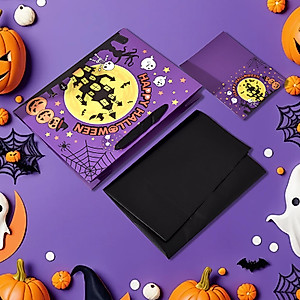 JEWOU Purple Halloween Party Gift Bag Halloween Birthday Gift Bag with Tissue Paper and Card Halloween Night Pumpkin Cat Ghost Wrapping Bat-Themed Favor Bag Halloween Wrapping Paper for Trick or Treat