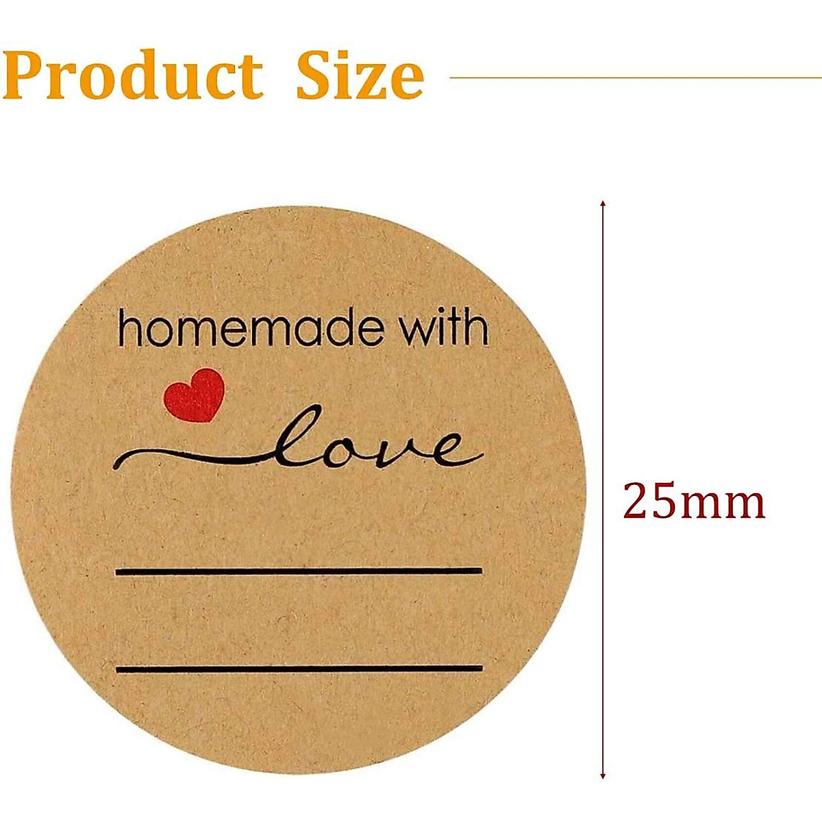 Handmade with Love Stickers, 500pcs Round Baking Kraft Label Stickers Self-Adhesive Label Decor Heart Shape Stickers for Homemade Gifts (25mm)