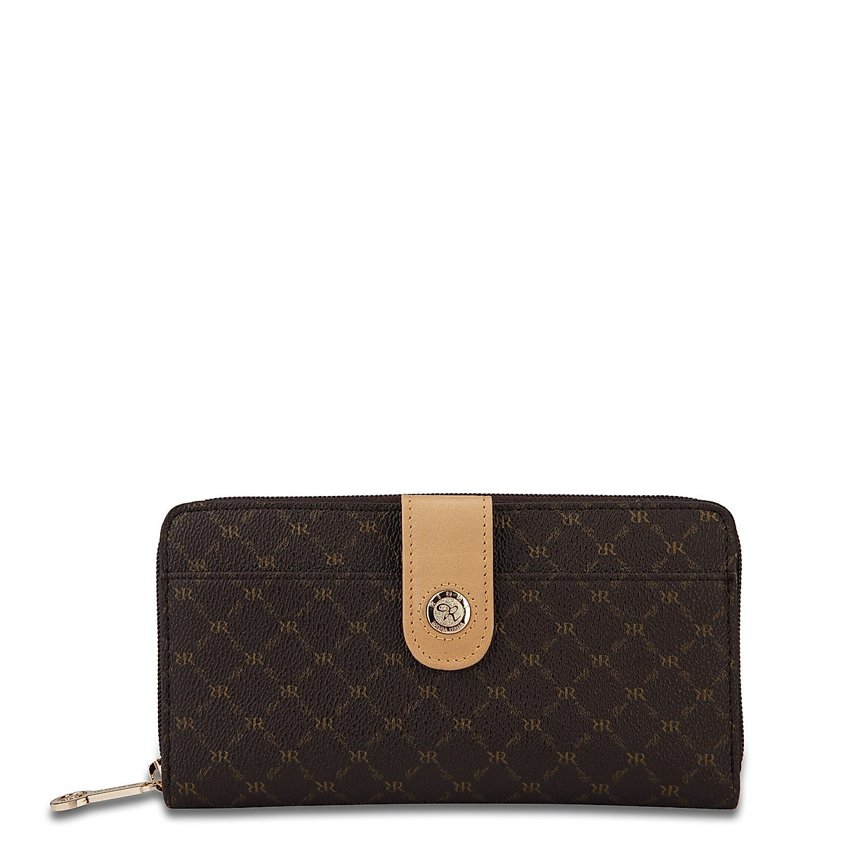 Signature Button Zip Wallet in Brown