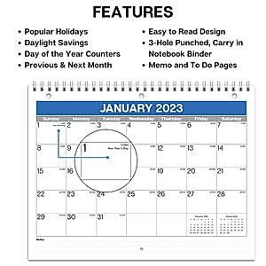 Dunwell Small Wall Calendar 2023-2024 - (Blue, 8.5x11"), Use Now to June 2024, Monthly Calendar for Notebook, Three Hole Punched, Use with Binder Folder, Desk or Wall, or Desktop Calendar 2023 2024