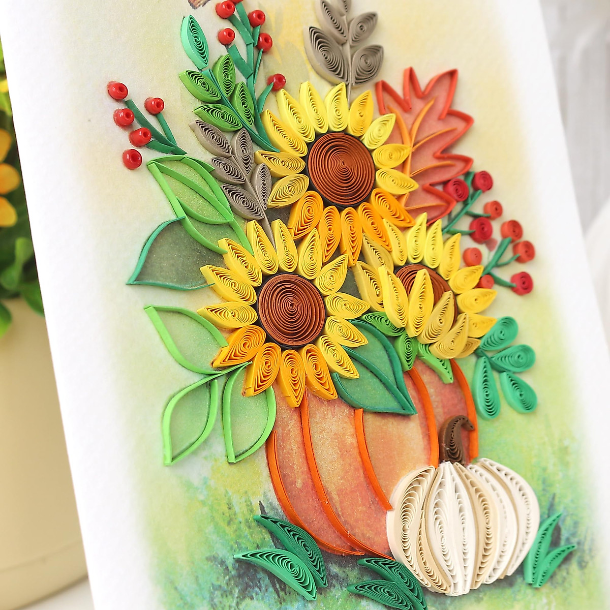 Thanksgiving Card - Sunflowers Vase Greeting Card, Quilling Fall Thank You Card, Seasons Greetings Card, Happy Thanksgiving Card for Husband, Wife, Parents, Friends, Granddaughter, Blank Inside
