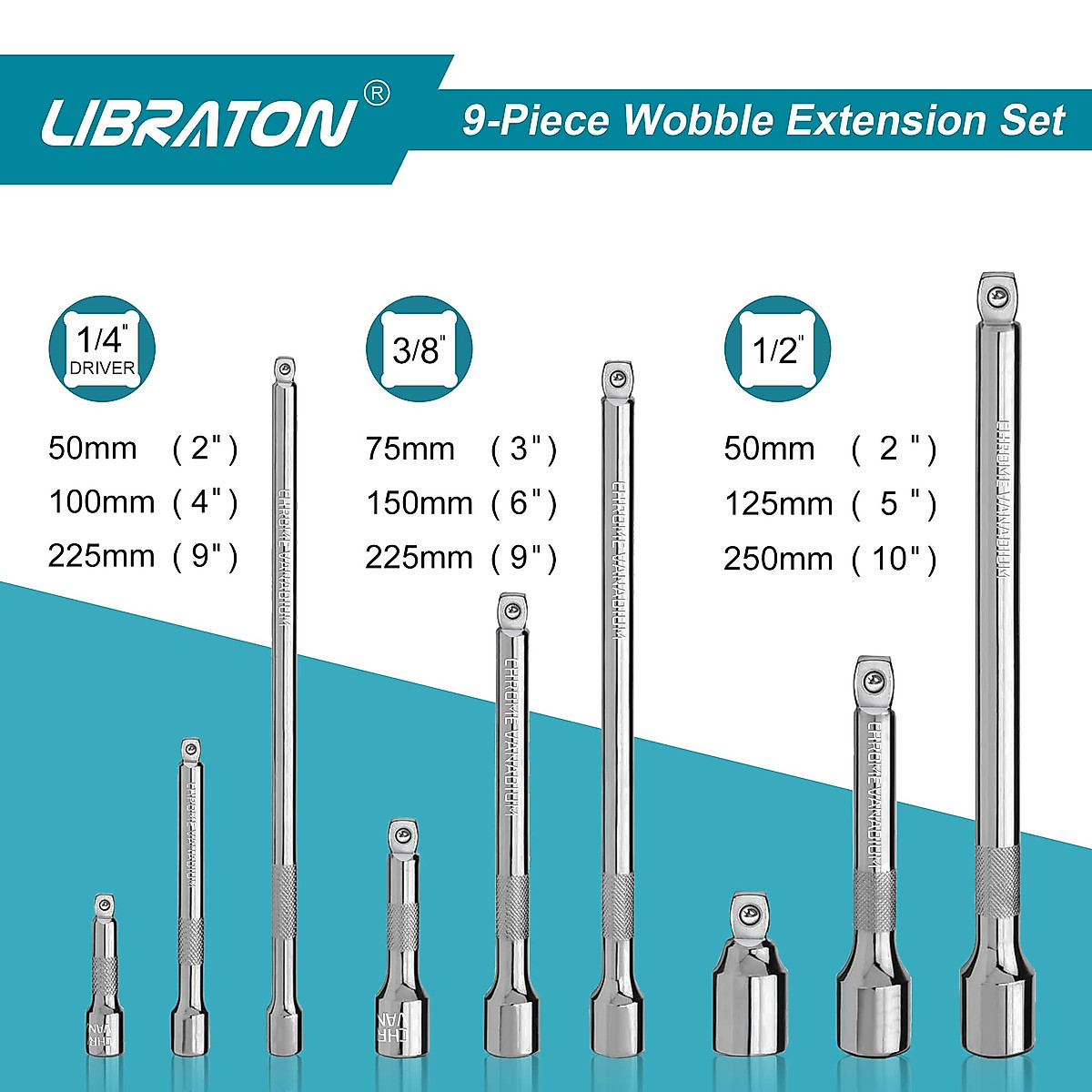 Libraton Wobble Extension Set 1/4'' 3/8'' 1/2'', Wobble Socket Extension, Extension Set, Wobble Socket Extension Set, Drive Socket Extension Bars 9PCs (Cr-V) with Chrome Plated in EVA Storage Tray