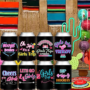HAPPARTY Weekend Girls Trip Theme Can Cooler Sleeves 8Pcs, Hot Pink Babe Girls Insulated Bottle Beverage Cold Drink Holder for Birthday Bachelorette Weekend Trip Party Can Cover Decorations