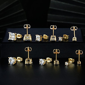 14K Gold Plated Round Princess Cut Clear Cubic Zirconia Hypoallergenic Stud Earring Set for Men Women 6 Pairs