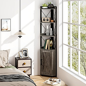 Tangkula Tall Corner Storage Cabinet, 71” Industrial 6 Tier Storage Shelf w/Door Cabinet, Corner Bookshelf Plant Stand, X-Shaped Metal Frame Standing Cabinet for Living Room, Small Spaces (Grey)