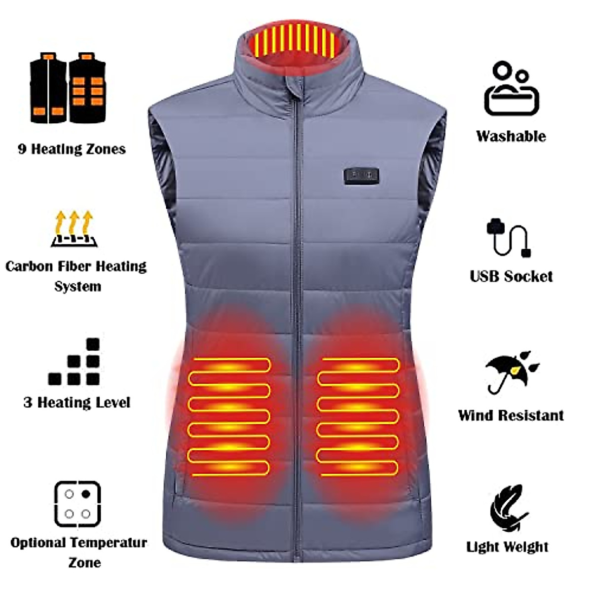 TAMEYA Womens Heated Vest with 3 Heating Levels, 9 Heating Zones, Washable Stand Collar Lightweight Zip Heated Vest With Battery Pack (Grey-Stripe,L)