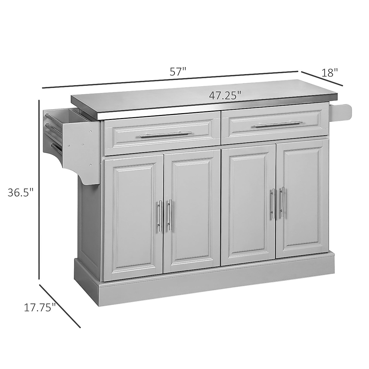 HOMCOM Rolling Island with Wheels for Kitchen, Portable Kitchen Island with Stainless Steel Top, Adjustable Shelves, 2 Drawers, Spice, Knife and Towel Rack, Gray