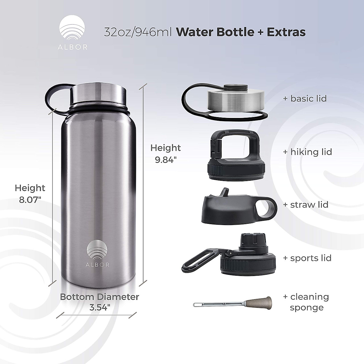 Albor 32 oz Insulated Water Bottle With Chug Lid and Straw, Plus Carry Lid for Travel, Leak Proof Stainless Steel Water Bottle for Gym and Travel (Steel)