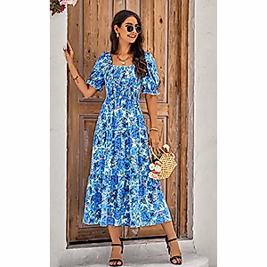 PRETTYGARDEN Women's Summer Puff Sleeve Floral Maxi Dress Square Neck Smocked Boho Flowy A Line Casual Beach Long Dresses (Big Floral White and Blue,Large)