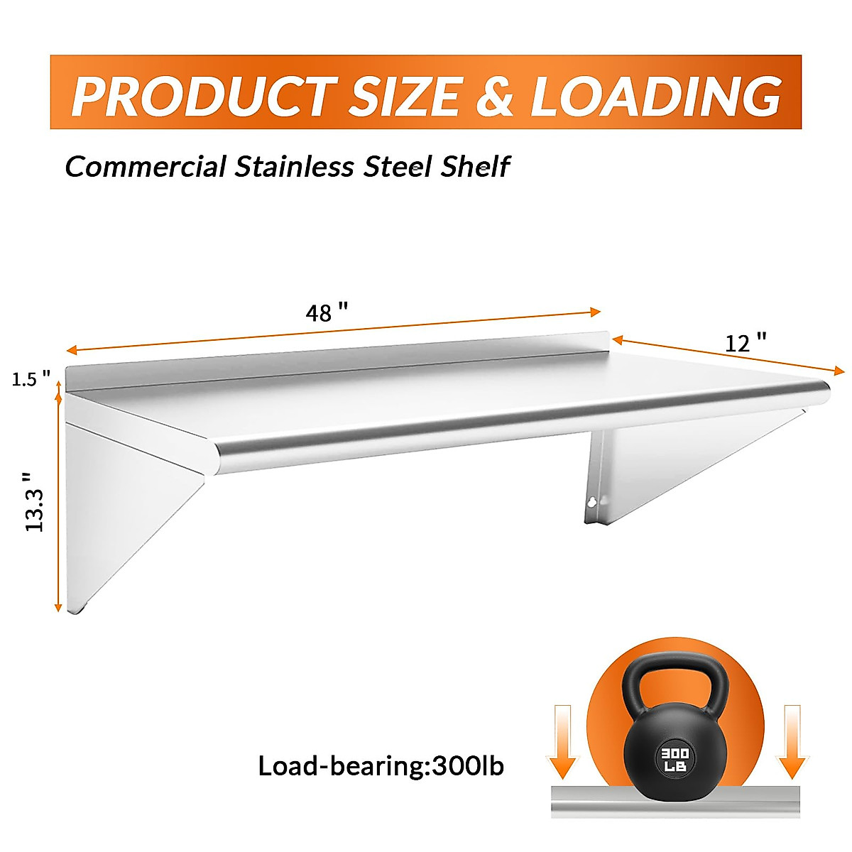 HOCCOT Commercial Stainless Steel Shelf 12 x 48” 2 Pack, Wall Mounted Food Service Storage Rack Shelves, Heavy Duty 300 lb Metal Shelf for Kitchen, Restaurant, Food Truck, Garage, Laundry Room