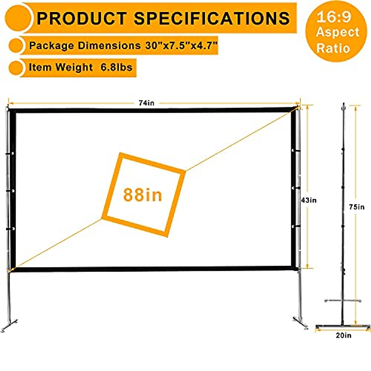 LATIPOPO Projector Movie Screen with Stand 88inch Projection Video Screen Indoor Outdoor Portable Movie Theater with Carrying Bag