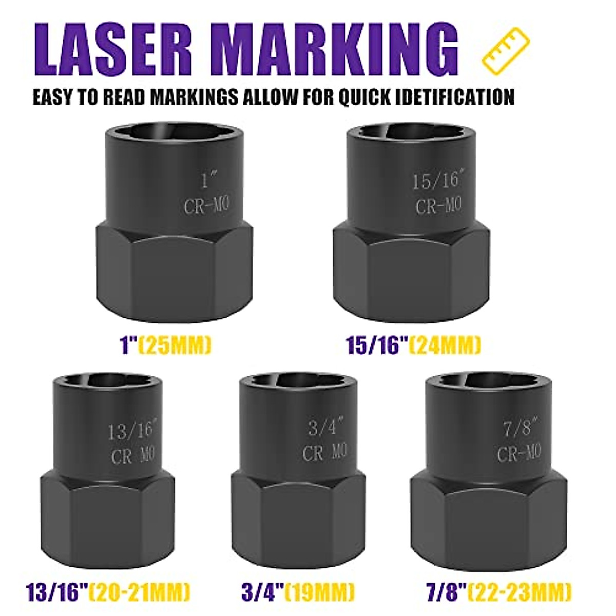 Impact Nut Bolt Extractor Tool Set, Heavy Duty Bolt Nut Remover For Stripped, Damaged, Rounded off and Rusted Lug Nuts, 5PCS 1/2" Drive Nuts Bolt Removal Kit Large Size 19-25mm Fit Lorry Truck